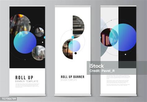 배너 스탠드 수직 전단지 최대 롤의 벡터 레이아웃 플래그 비즈니스 템플릿 디자인 간단한 디자인 미래의 개념입니다 행성 및 별을 형성 하는 동그라미와 크리에이 티브 배경 배너