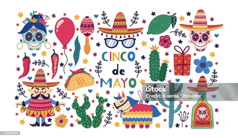 Cinco De Mayo 벡터 세트입니다 멕시코 휴일 상징 솜브레로 데킬라 라임 피냐타 설탕 두개골 선인장 축제 화환 마라카스 타코를 가진 남자 내셔널 카니발 축제