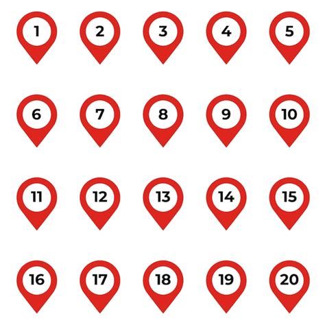 Numbered Map Location Pin Icons Set Red Gps Markers 1 To 20 For