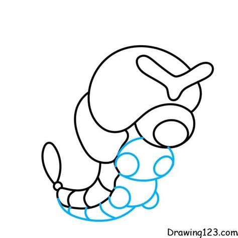 Langkah 6 Lanjutkan Menggambar Lingkaran Pada Tubuh Pokemon Caterpie