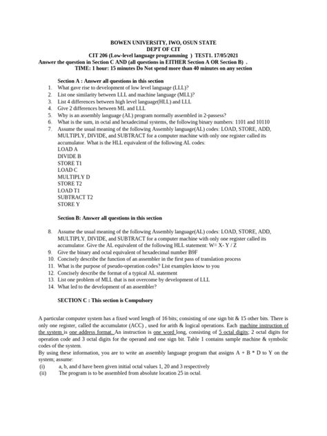 Cit 206 Test1 2020 2021 Pdf Assembly Language Computer Architecture