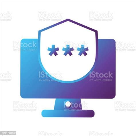 컴퓨터 그림입니다 방패와 암호 기호가있는 컴퓨터 안전한 컴퓨팅개념입니다 그라데이션 스타일 벡터 일러스트레이션 벡터 아이콘 개념 감시에 대한 스톡 벡터 아트 및 기타 이미지