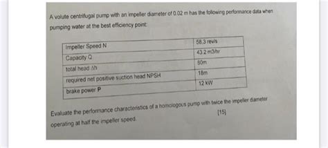 Solved A Volute Centrifugal Pump With An Impeller Diameter
