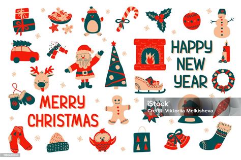 휴일 비문과 스칸디나비아 스타일의 새해 복 많이 받으세요와 메리 크리스마스 요소의 큰 세트 벡터 일러스트 흰색 배경에 격리 귀여운 캐릭터의 클립 아트 컬렉션입니다