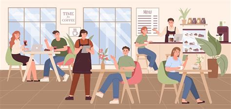 바리 스타는 커피 카페에서 일하고 사람들은 술을 마신다 테이블 위에 노트북 컴퓨터를 놓은 사람 커피하우스 플랫 스타일의 고립된