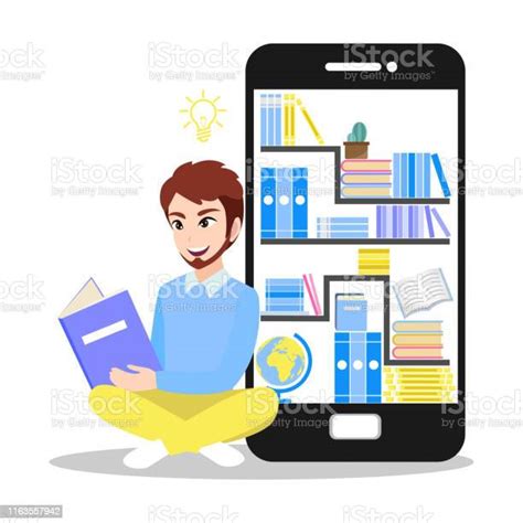 마이크로 학습 개념입니다 휴대 전화와 만화 캐릭터 디자인 벡터 일러스트에 온라인 라이브러리에서 책의 집합입니다 개념에 대한 스톡 벡터 아트 및 기타 이미지 Istock