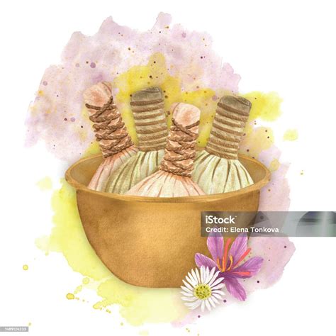 손으로 그린 수채화 그림은 마사지 허브 볼이 있는 황동으로 만든 금속 그릇입니다 아유르베다 오일 마사지를 위한 아이템입니다 이 그림은 엽서 브로셔 웹 디자인 및 스크랩북