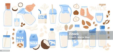 다양한 패키지에 담긴 비건 우유 세트 대체 비유제품 채식 음료 아몬드 캐슈넛 헤이즐넛 피스타치오에서 추출한 건강한 유기농 유당없는 우유 낙서 스타일의 벡터 일러스트 레이 션