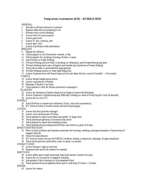 Postpartum Bubble Herassessment Outline Postpartum Assessment Kh