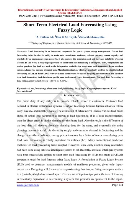 Pdf Short Term Electrical Load Forecasting Using Fuzzy Logic