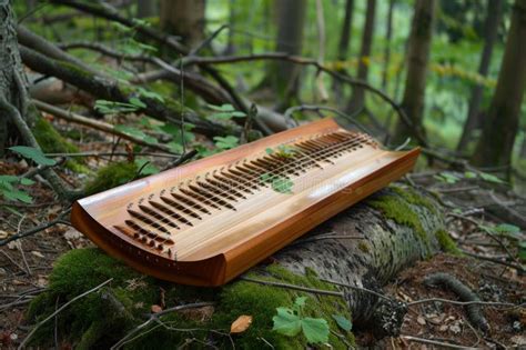 Handmade Wooden Zither Instrument Lying On Moss In Forest Stock