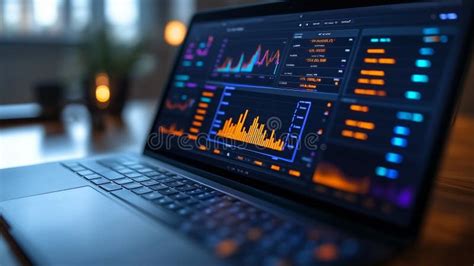 Laptop Displaying Complex Financial Data With Colorful Graphs And Charts On A Sleek Modern