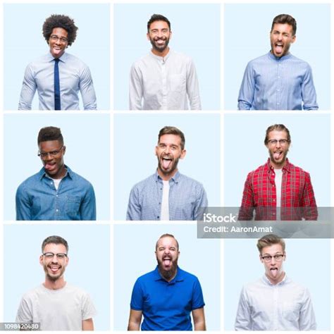 비즈니스와 캐주얼 남자의 그룹의 콜라주는 고립 된 배경에 집착 혀를 재미 있는 표정으로 행복 감정 개념입니다 감정에 대한 스톡 사진 및 기타 이미지 Istock