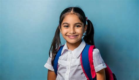 Premium Photo Smiling Girl With Backpack Going To Class On Blue Background Copy Space