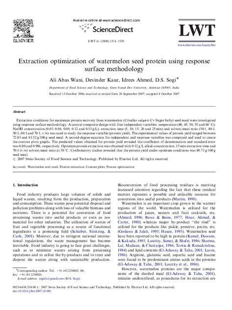 Pdf Extraction Optimization Of Watermelon Seed Protein Using Response Surface Methodology