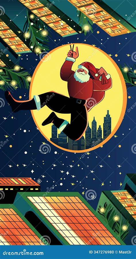 Santa Claus Rooftop Cityscape Christmas Theme Festive Night Sky Stars