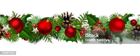 전나무 가지 빨간 공 호랑가시나무와 파인콘 크리스마스 원활한 화환 벡터 그림입니다 호랑가시나무에 대한 스톡 벡터 아트 및 기타 이미지 호랑가시나무 프레임 크리스마스