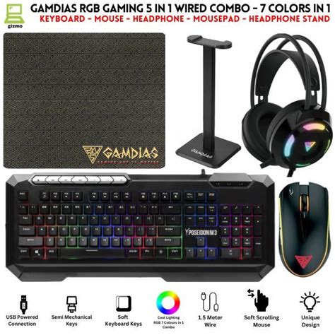Rgb Gaming Keyboard And Mouse And Headphone And Mousepad And Headphone Stand 5 In 1 Wired Combo 7 Rgb