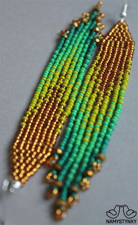 Gold Green Beaded Earrings Crystal Earrings Evening Seed Bead Earrings