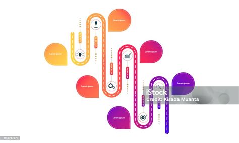 수직 베벨 웨이 로드맵 마크 포인트 그래프를 사용 하 여 타임 라인 요소 검색 기어 대상 아이콘을 생각 합니다 벡터 일러스트 레이 션 Eps10 0명에 대한 스톡 벡터 아트