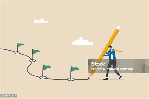 워크플로 또는 작업 프로세스 프로젝트 진행 이정표 또는 업적 추적 작업 경험 또는 여정 개념 연필을 사용하여 작업 경력 또는 여정 개념 도전자는 성취 플래그 이정표와 워크