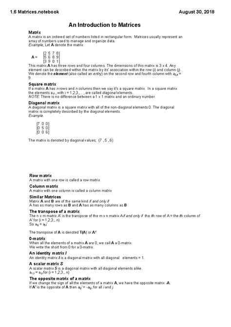 1 6 Matrices Chapter 1 6 1 Matrices August 30 2018 An Introduction To Matrices Matrix A