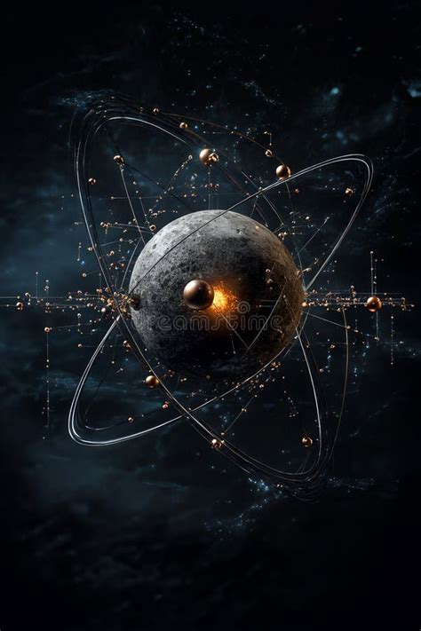 Futuristic Cosmic Sphere With Metallic Orbits And Glowing Particles In Deep Space Stock