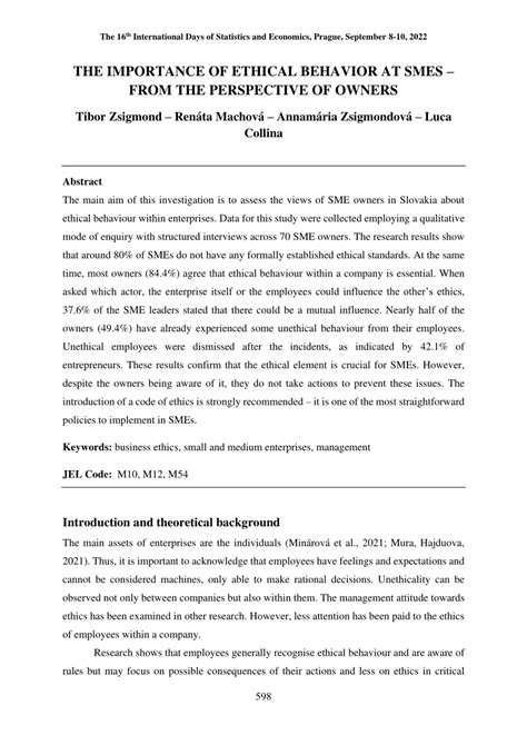 Pdf The Importance Of Ethical Behavior At Smes From The Perspective