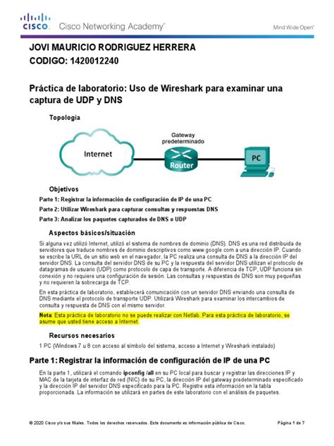 9 2 3 5 Lab Using Wireshark To Examine A Udp Dns Capture Pdf