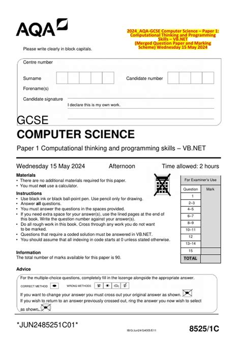 2024 Aqa Gcse Computer Science Paper 1 Computational Thinking And Programming Skills Vb Net