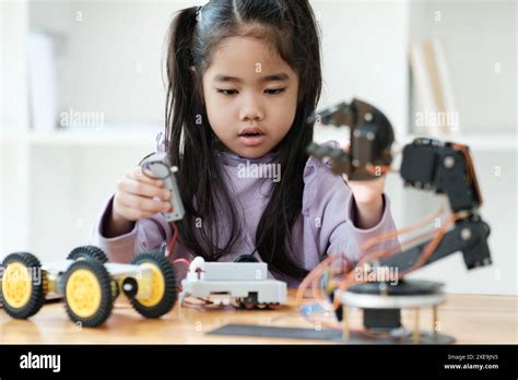 Stem Education Concept Asian Young Girl Learning Robot Design Stock