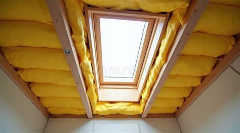 Partially Insulated Attic Ceiling With Skylight And Yellow Fiberglass