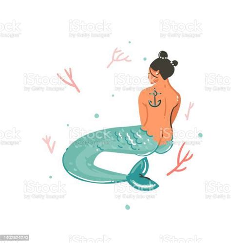 산호초와 흰색 배경에 고립 된 인 어 소녀 캐릭터 그려진된 벡터 추상 만화 그래픽 여름 시간 수 중 그림을 손 모던 양식에 대한 스톡 벡터 아트 및 기타 이미지 Istock