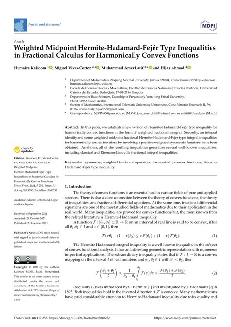 PDF Weighted Midpoint Hermite Hadamard Fejér Type Inequalities in Fractional Calculus for