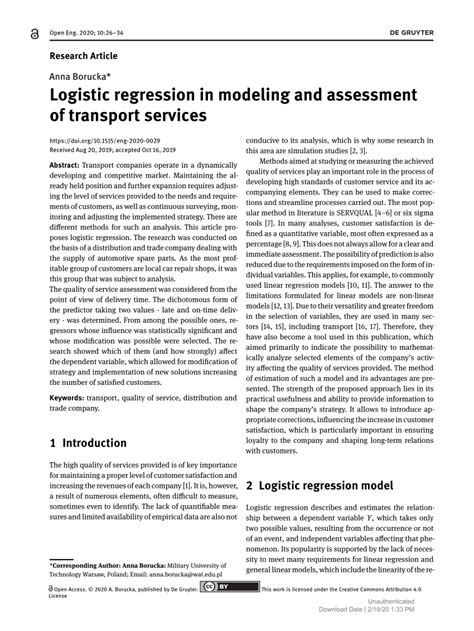 Pdf Logistic Regression In Modeling And Assessment Of Transport Services