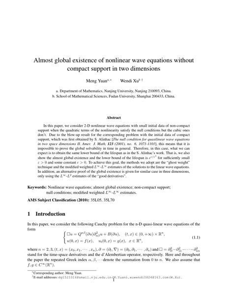 Pdf Almost Global Existence Of Nonlinear Wave Equations Without Compact Support In Two Dimensions