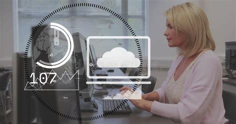 Image Of Icons And Data Processing Over Caucasian Woman Using Computer Keyboard Stock