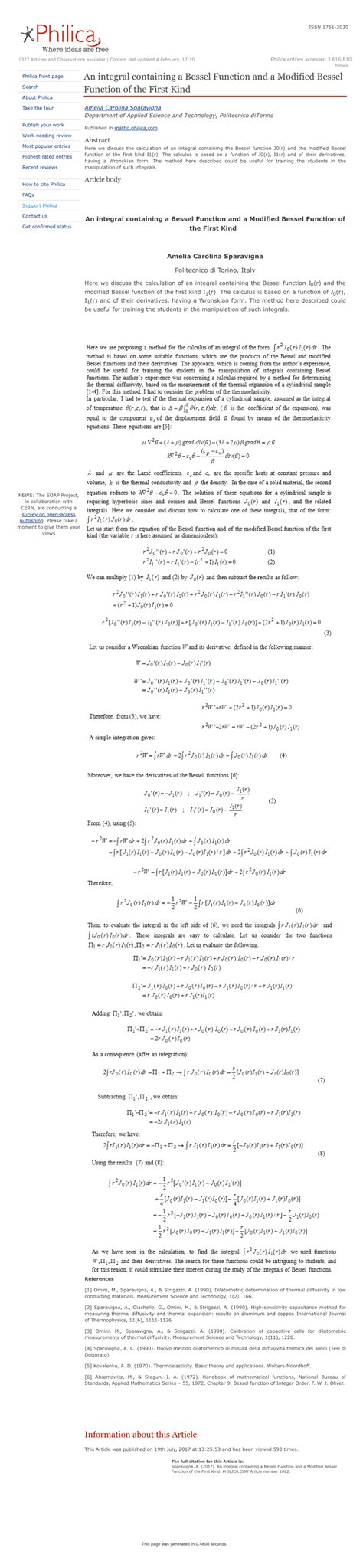 pdf an integral containing a bessel function and a modified bessel function of the first kind
