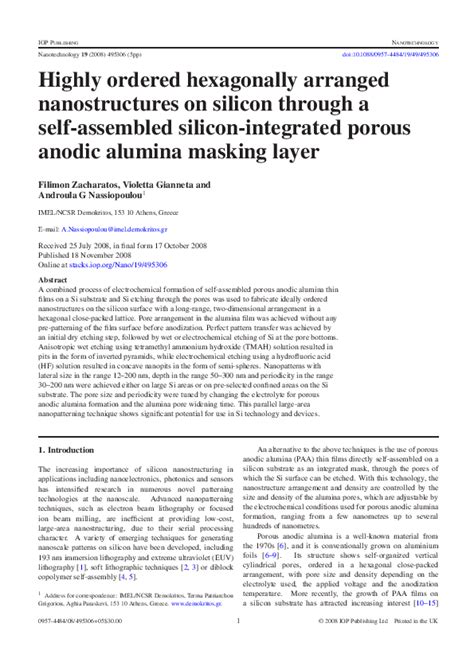 Pdf Highly Ordered Hexagonally Arranged Nanostructures On Silicon Through A Self Assembled