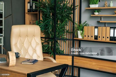 제너럴 매니저 사업가 Ceo의 현대 사무실 세련된 나무 테이블 가죽 의자 인테리어 직장 회계사의 작업 공간 재무 이사 문서가있는 선반 홈 도서관 0명에 대한 스톡 사진 및