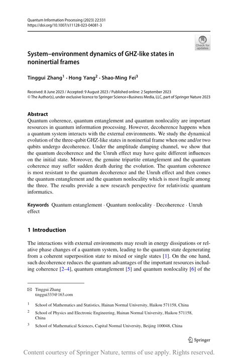 Systemenvironment Dynamics Of Ghz Like States In Noninertial Frames