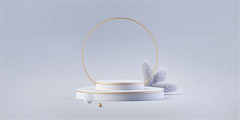 3d 렌더링 빈 무대가 있는 흰색 크리스마스 배경 황금빛 둥근 아치 및 얼어붙은 가문비나무 나뭇가지 제품 프레젠테이션을 위한 미니멀리스트 휴일 쇼케이스 3차원 형태에 대한