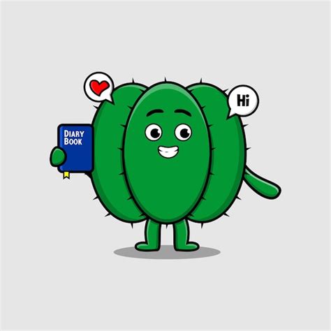 행복한 표정으로 일기장 삽화를 들고 있는 귀여운 만화 선인장 캐릭터 프리미엄 벡터