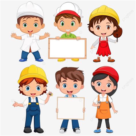 빈 기호가 있는 다양한 직업의 행복한 아이들 만화 활동 체육 실기 배너 Png 일러스트 및 이미지 에 대한 무료 다운로드