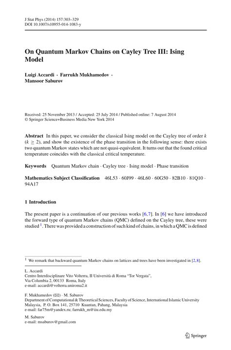 Pdf On Quantum Markov Chains On Cayley Tree Iii Ising Model