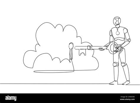 Continuous One Line Drawing Robot Putting Big Key Into Cloud Safety