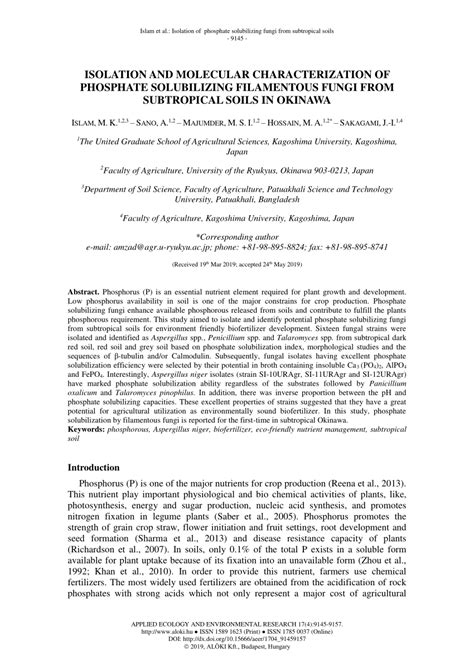 Pdf Isolation And Molecular Characterization Of Phosphate Solubilizing Filamentous Fungi From