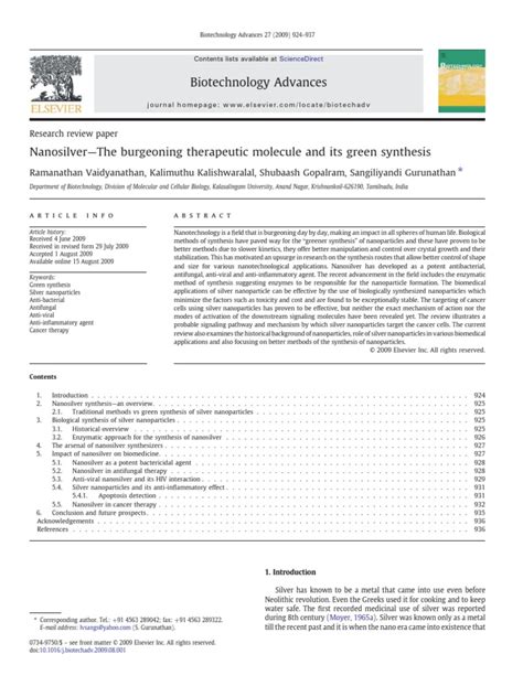 Green Synthesis Of Nanosilver Pdf Nanotechnology Nanoparticle