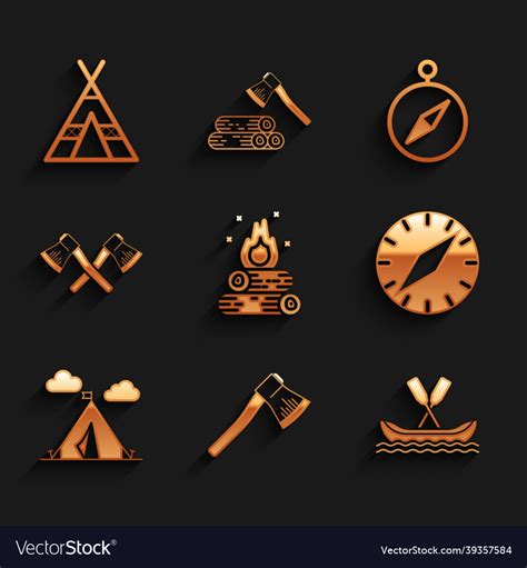Set Campfire Wooden Axe Rafting Boat Compass Vector Image