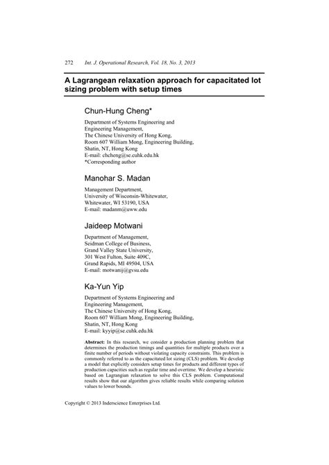 Pdf A Lagrangean Relaxation Approach For Capacitated Lot Sizing Problem With Setup Times
